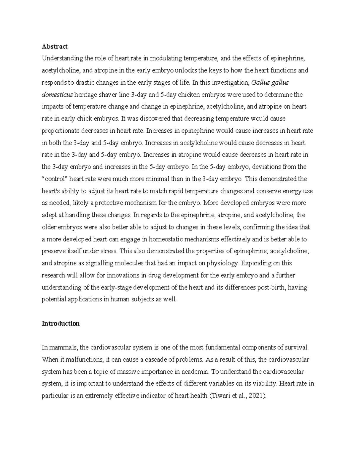 Chick Physiology Lab Report - Abstract Understanding the role of heart ...