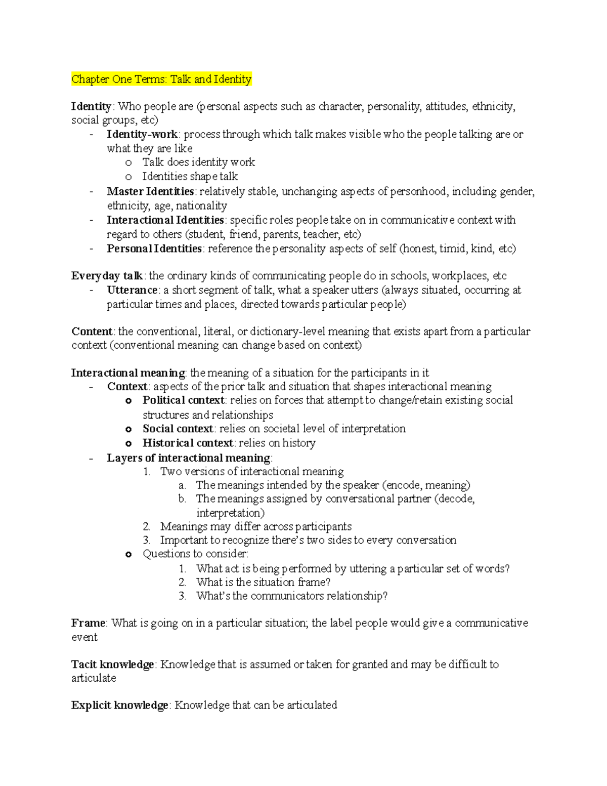 Discourse, Culture and Identities Midterm Exam Study Guide - Chapter One Terms: Talk and ...