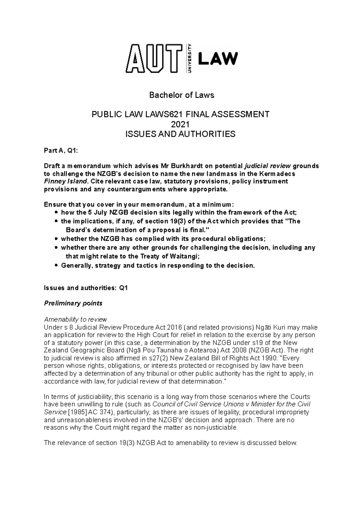 Judicial Review LAWS702 Final Assessment Statement of Issues 2021 ...
