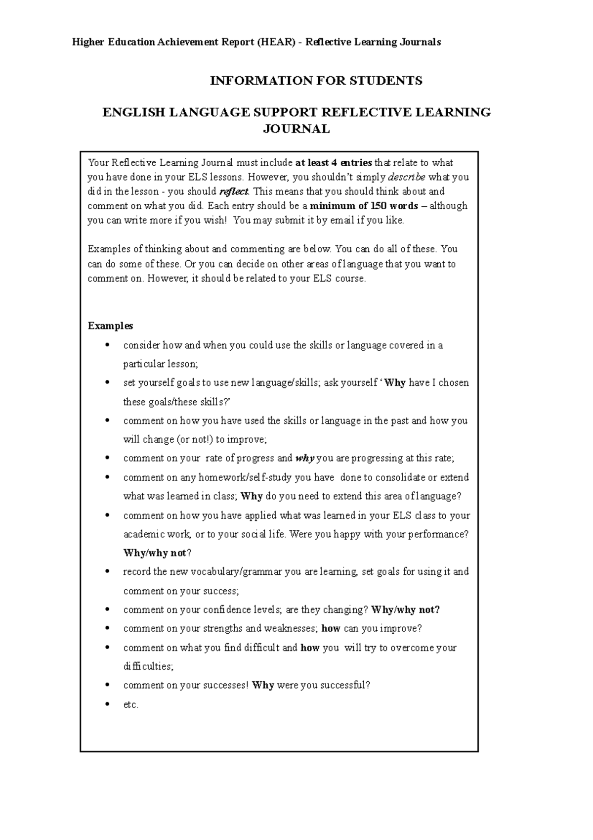 ELS HEAR reflectivejournalsample Sem 1 - Higher Education Achievement ...