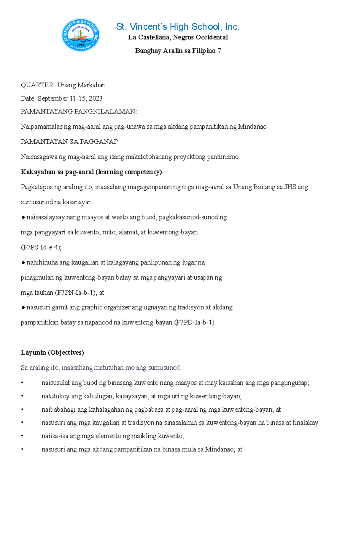 Learning PLAN Filipino Grade 7 - St. Vincent’s High School, Inc. La ...