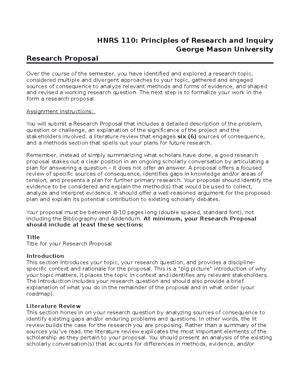 F23 Research Proposal Section Descriptions - HNRS 110: Principles of ...