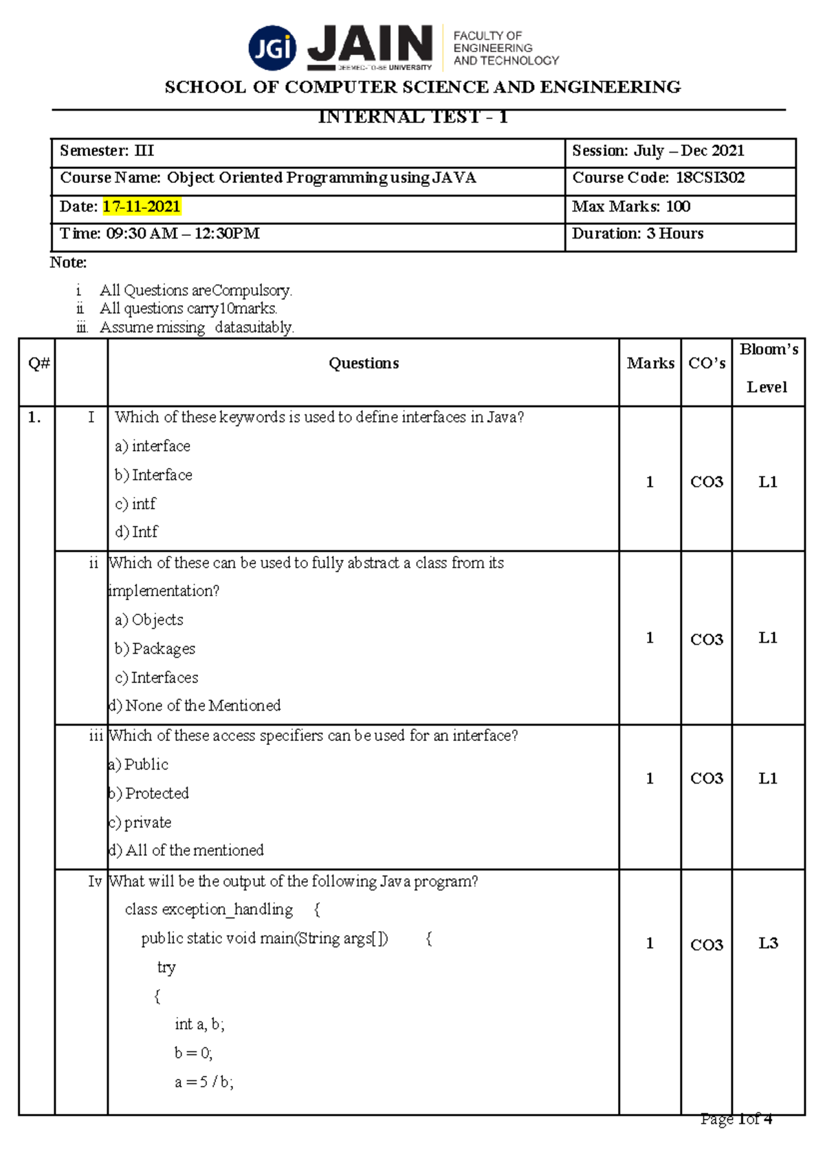 Internal 2 - Page 1 of 4 SCHOOL OF COMPUTER SCIENCE AND ENGINEERING ...