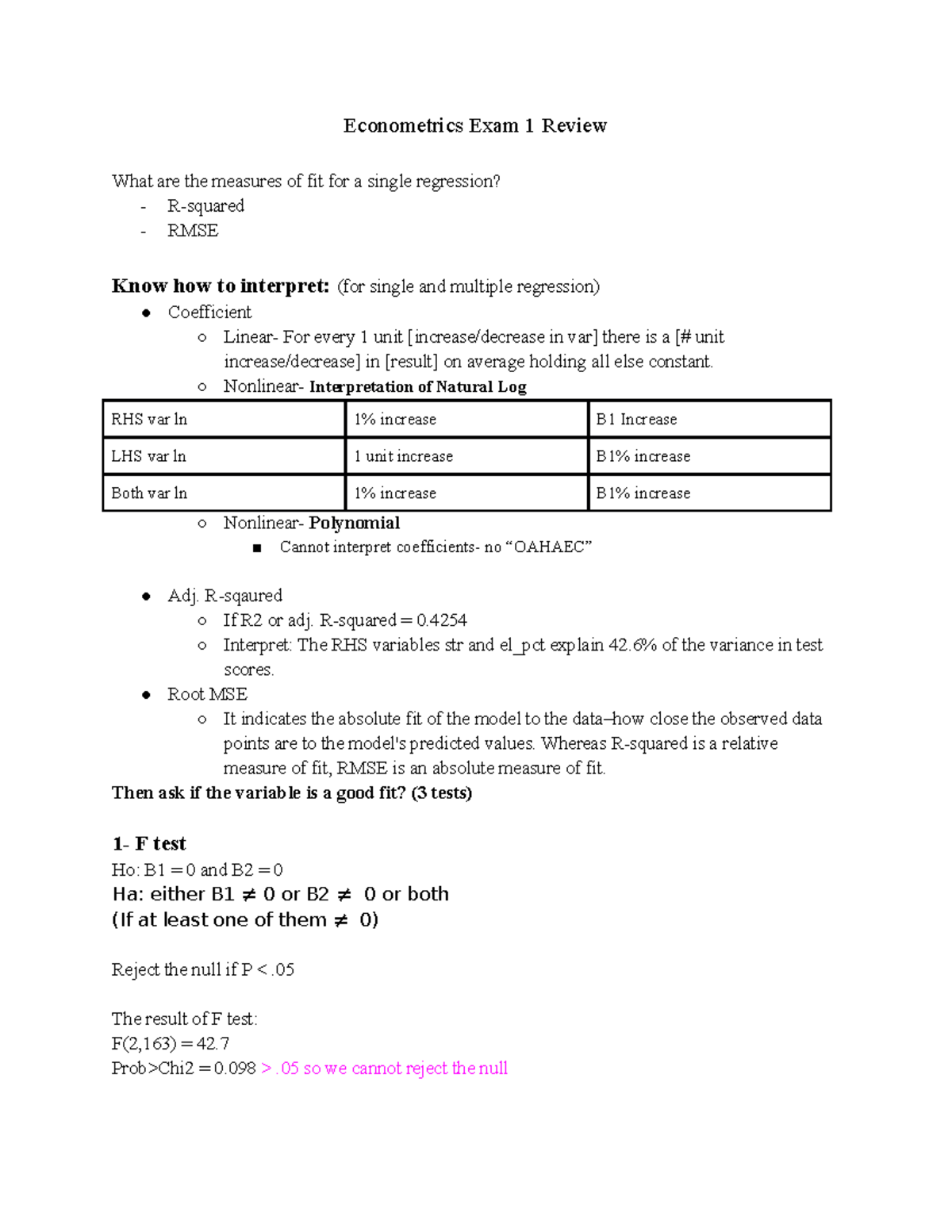 Econometrics Exam Review - Econometrics Exam 1 Review What are the ...