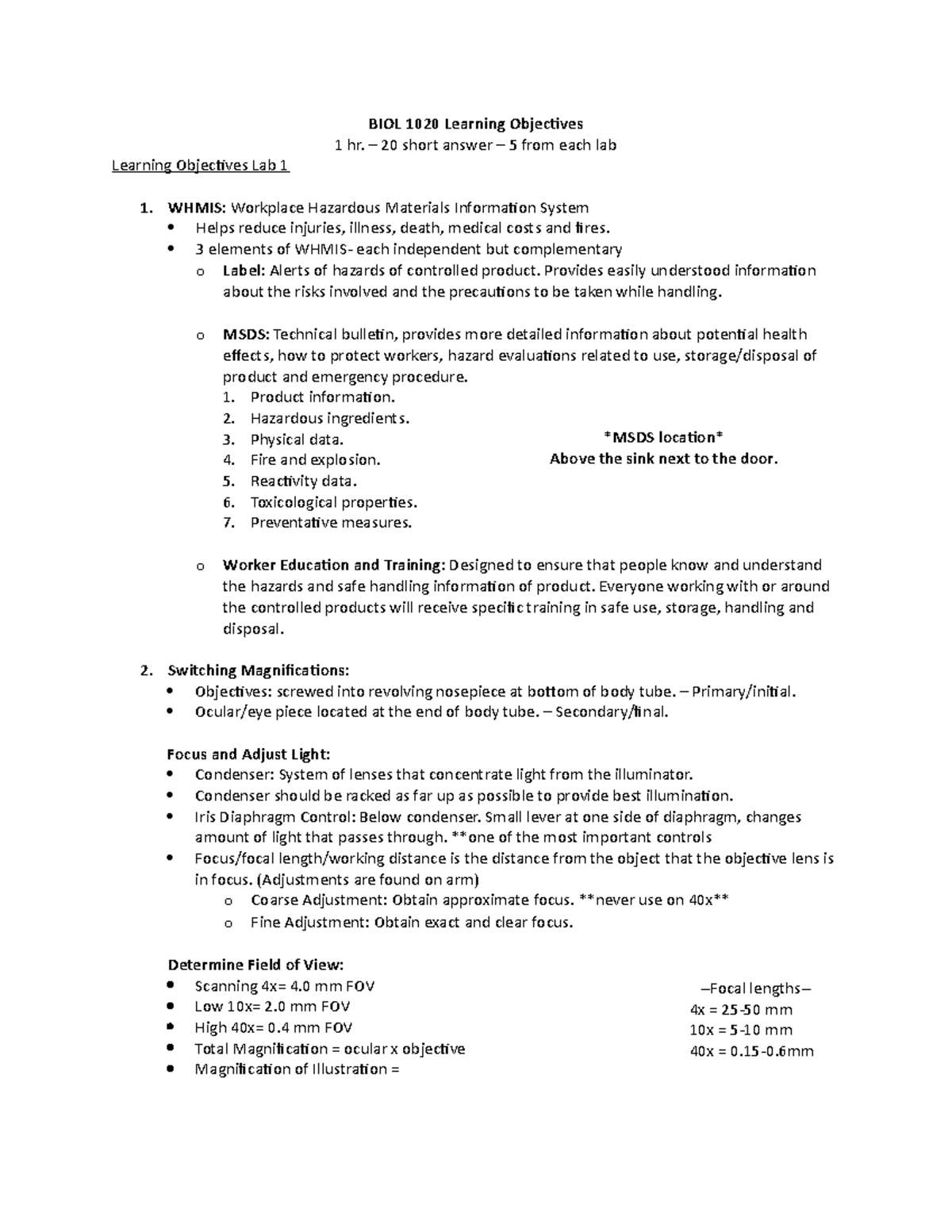 BIOL 1020 Lab Objectives - BIOL 1020 Learning Objectives 1 hr. – 20 ...