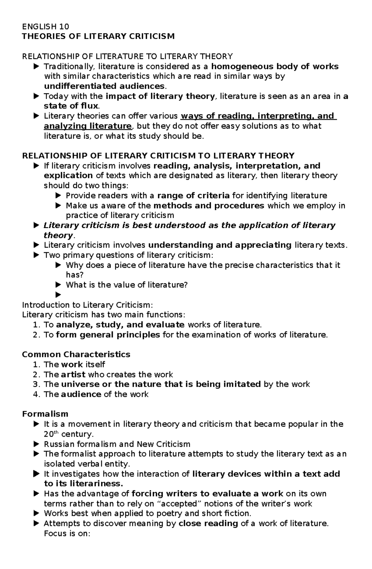 English 10 Reviewer Finals - ENGLISH 10 THEORIES OF LITERARY CRITICISM ...