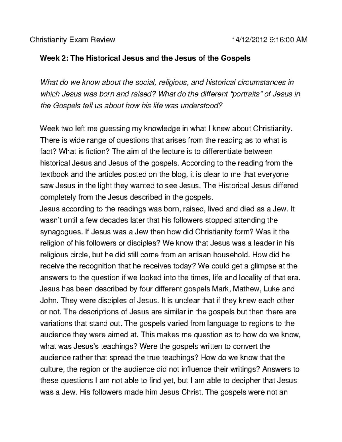 Exam Notes - Christianity Exam Review 14/12/2012 9:16:00 AM Week 2: The ...