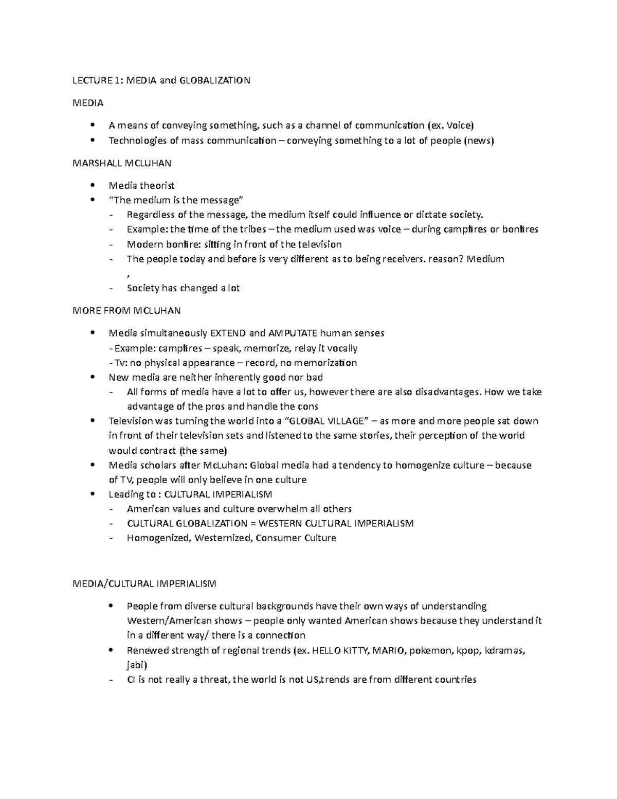 SOC SCI 103 - Lecture notes 1 - LECTURE 1: MEDIA and GLOBALIZATION ...
