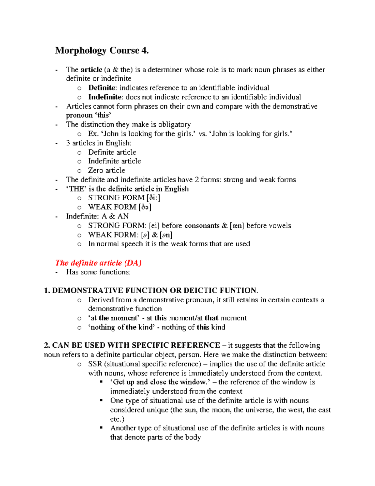 Morphology Course 4 - The Article - Morphology Course 4. ⁃ The article ...
