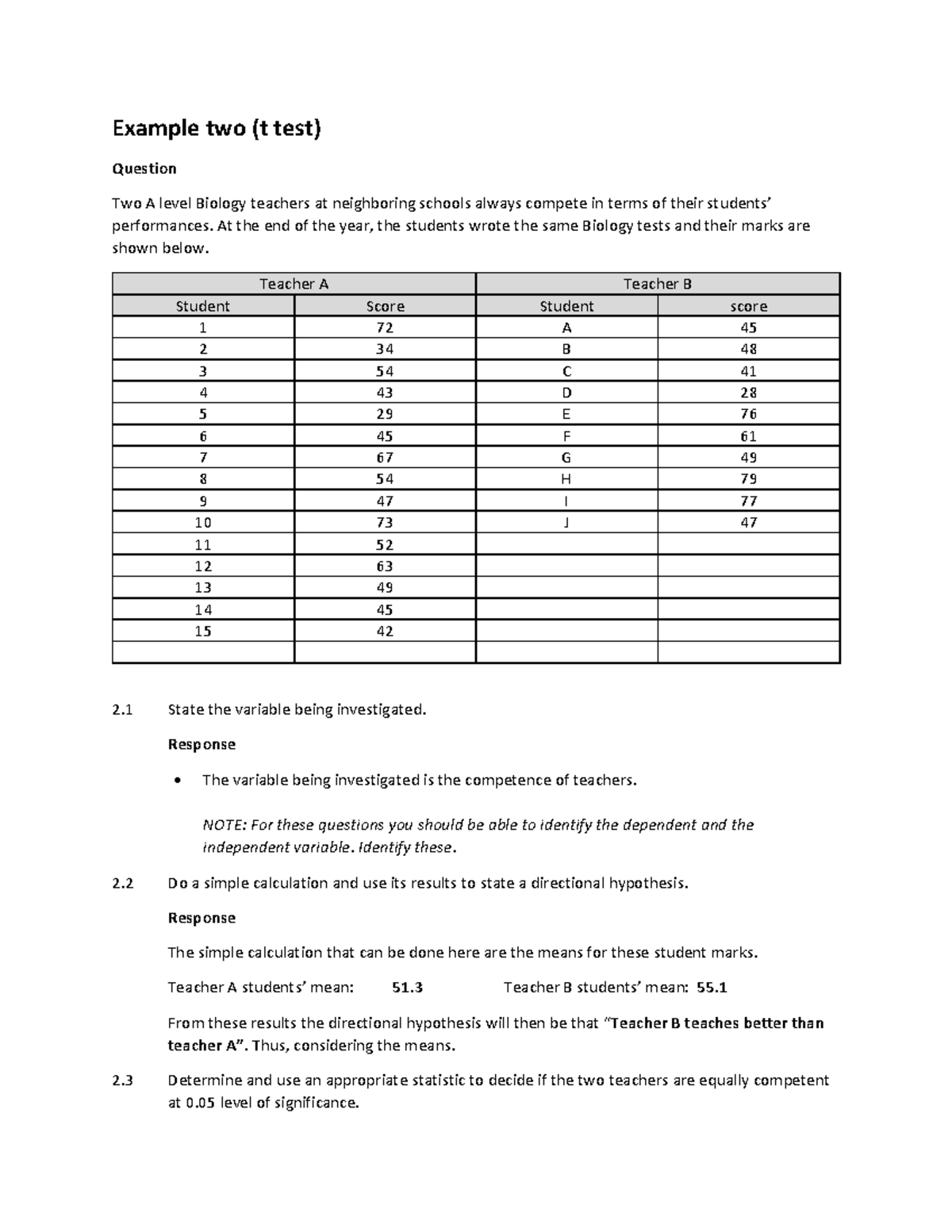 Example two - Statistics - Example two (t test) Question Two A level ... Example two - Statistics - Example two (t test) Question Two A level ...