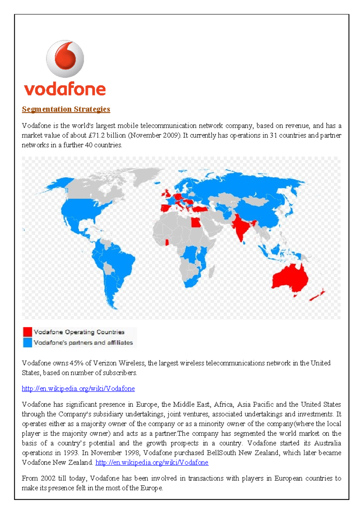 35872725 Segmentation of Vodafone - Segmentation Strategies Vodafone is ...