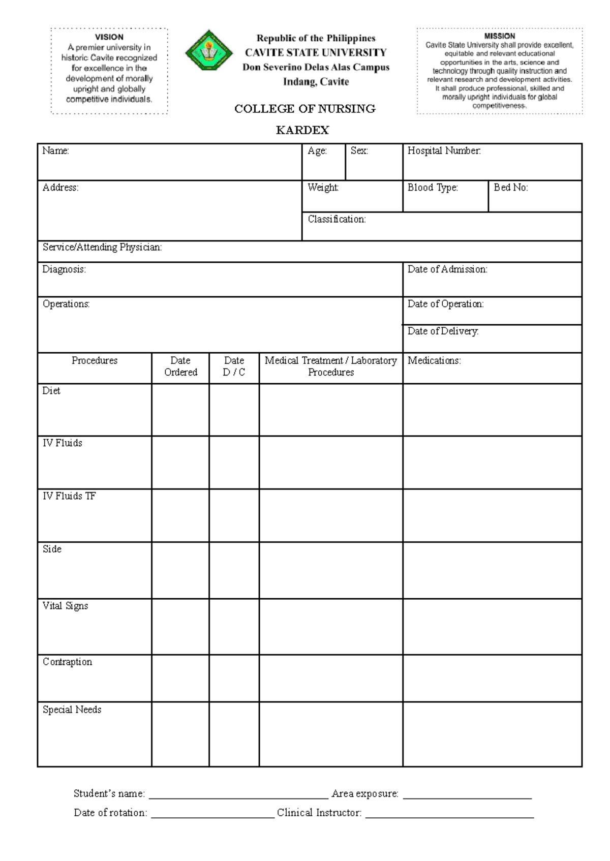 Kardex (B) - .................... - COLLEGE OF NURSING KARDEX Name: Age: Sex: Hospital Number ...