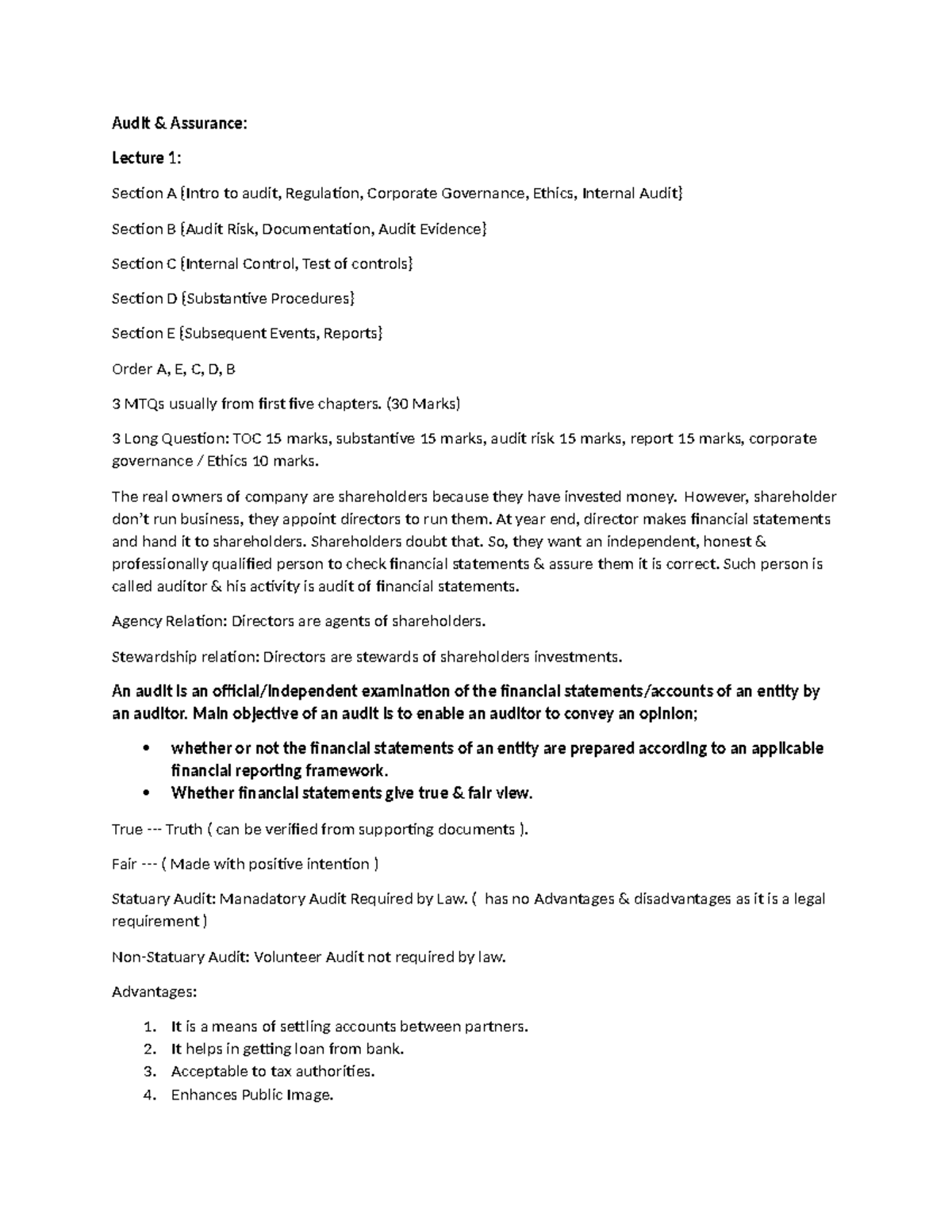 Audit-section A - I have prepared all class lecture notes, of Audit ...