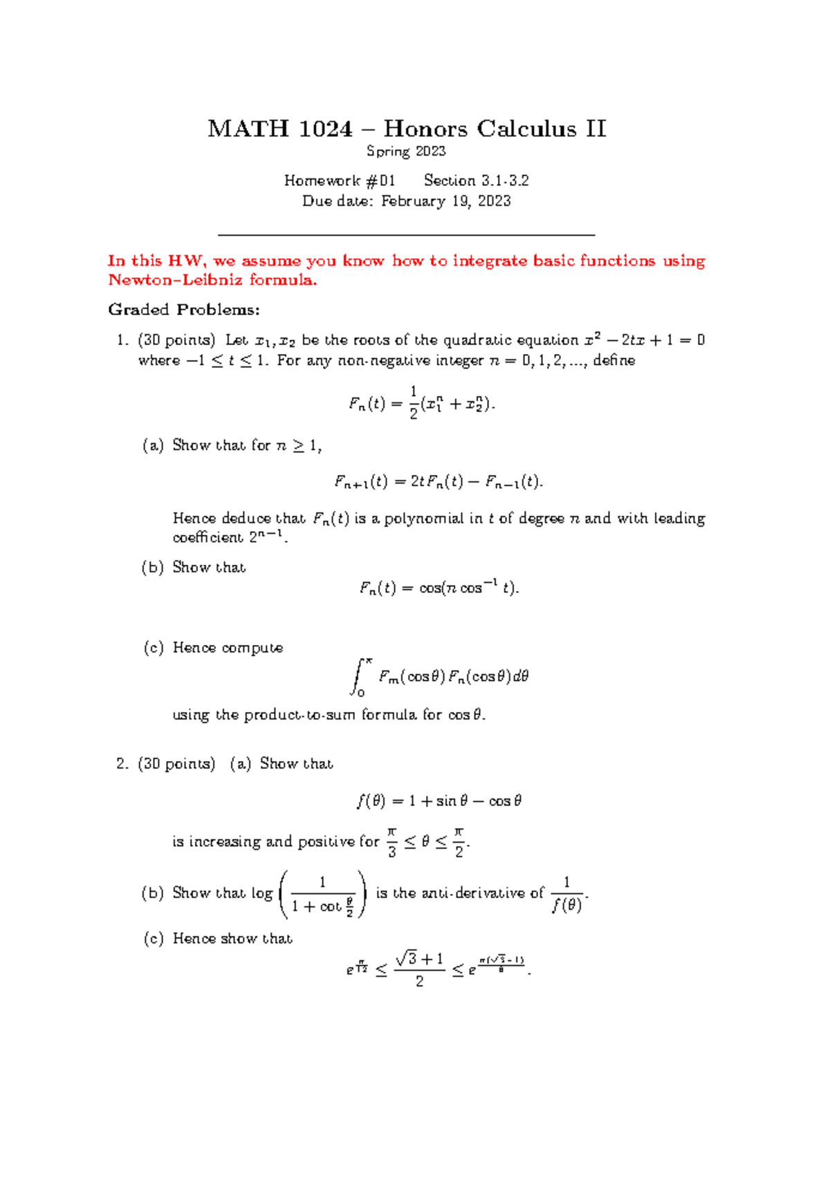 HW01 - MATH 1024 – Honors Calculus II Spring 2023 Homework #01 Section ...