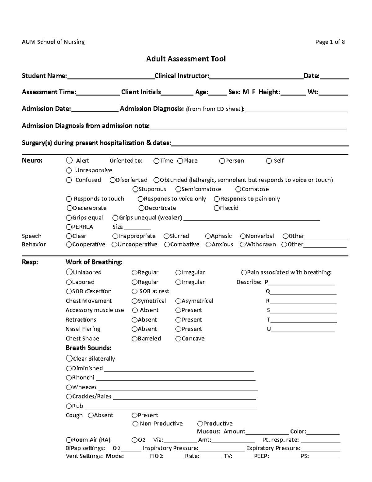 Adult Assessment Tool Final - AUM School of Nursing Page 1 of 8 Adult ...