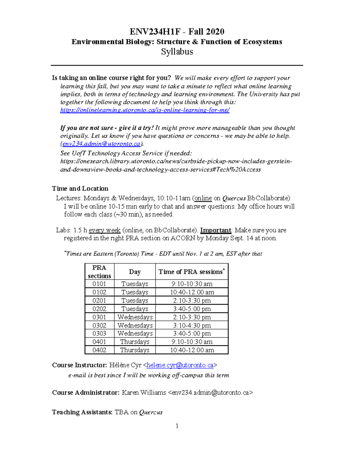 Syllabus Environmental biology - ENV234H1F - Fall 2020 Environmental ...