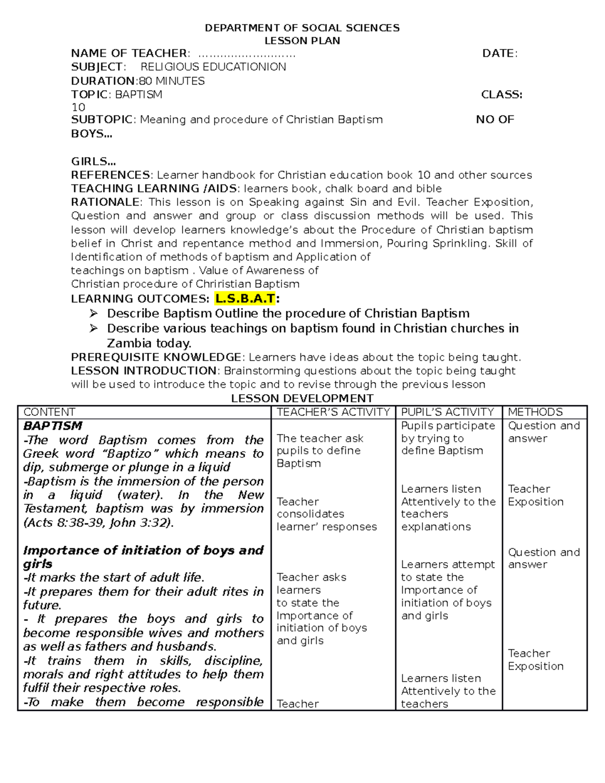 Baptism - DEPARTMENT OF SOCIAL SCIENCES LESSON PLAN NAME OF TEACHER