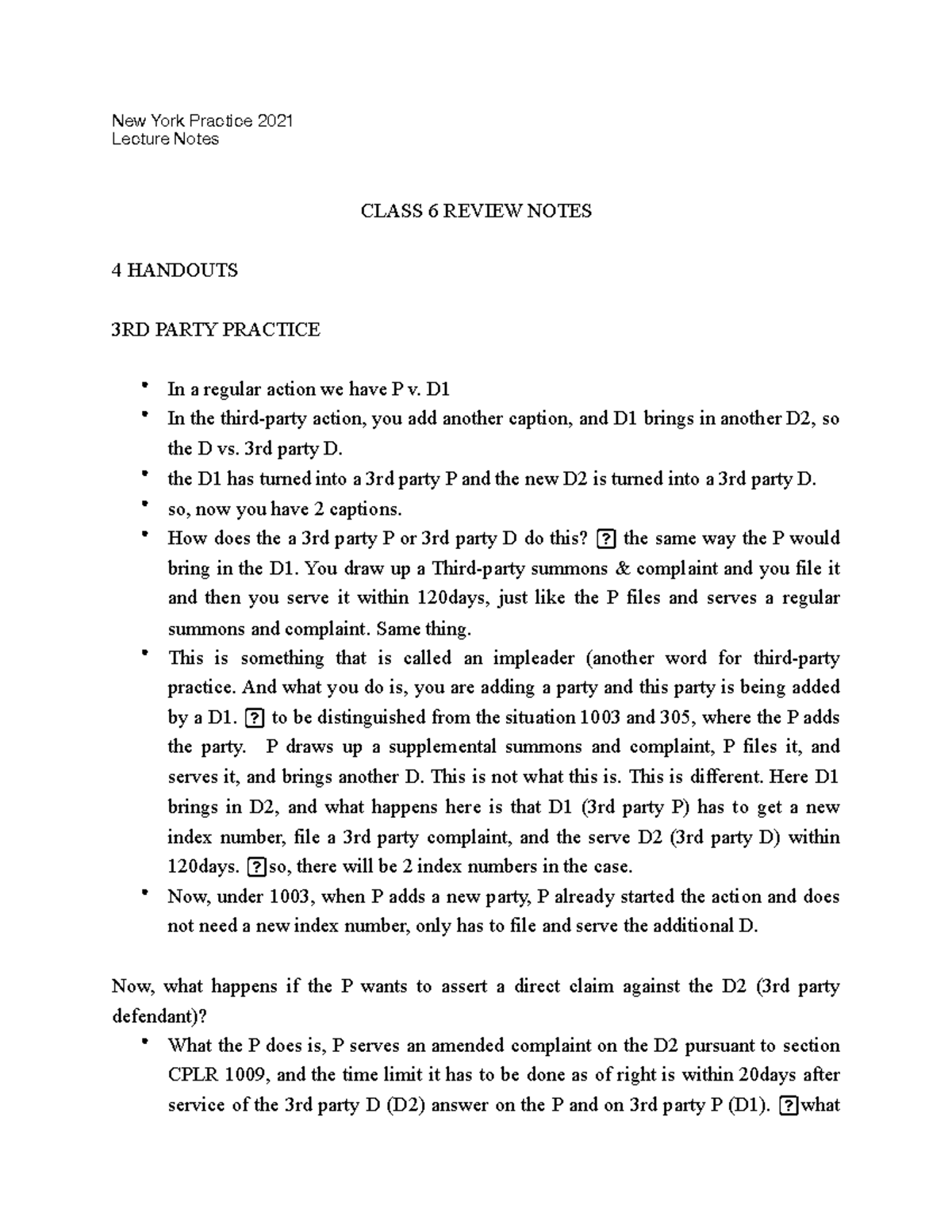 Class 6 Review Notes - New York Practice 2021 Lecture Notes CLASS 6 ...