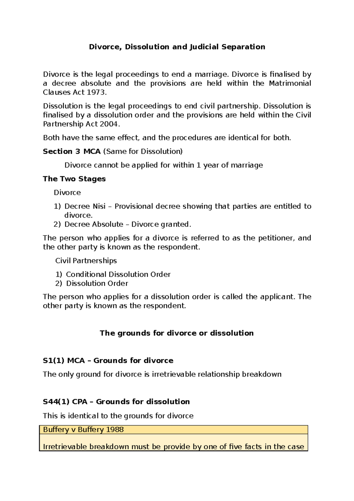 Lecture 6 & 7 - Divorce, Dissolution and Judicial Separation - Divorce ...