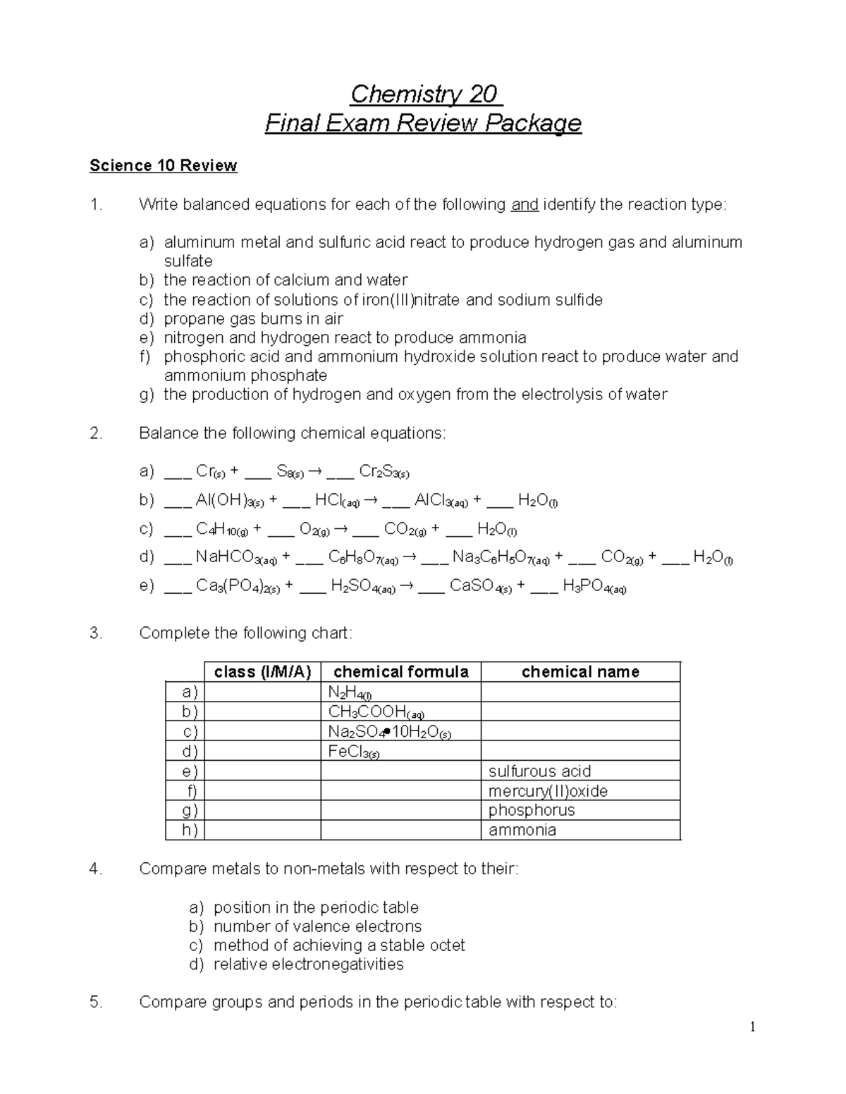 1 - Chem20 Final Review Package - Printed for you - Chemistry 20 Final ...