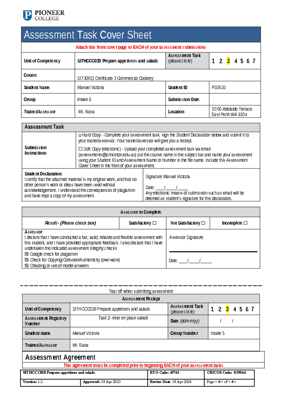 Sithccc 028 Assessment Task 3 - Assessment Task Cover Sheet Attach this ...