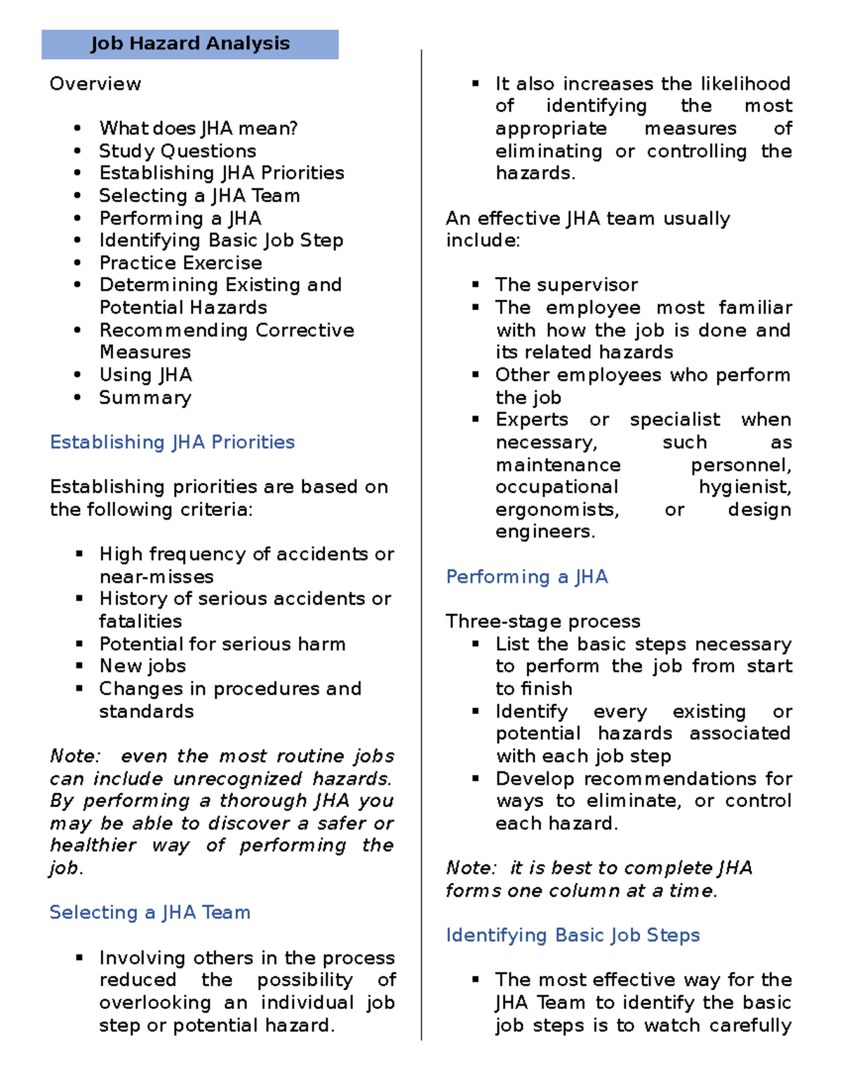 BOSH Reviewer FOR Midterms - Overview What does JHA mean? Study ...