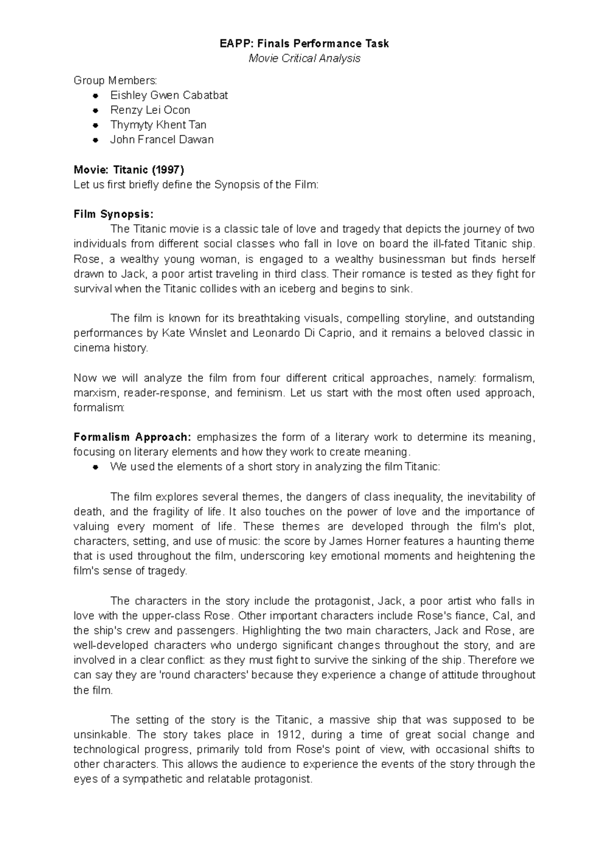 EAPP Titanic FILM Analysis - EAPP: Finals Performance Task Movie Critical Analysis Group Members ...