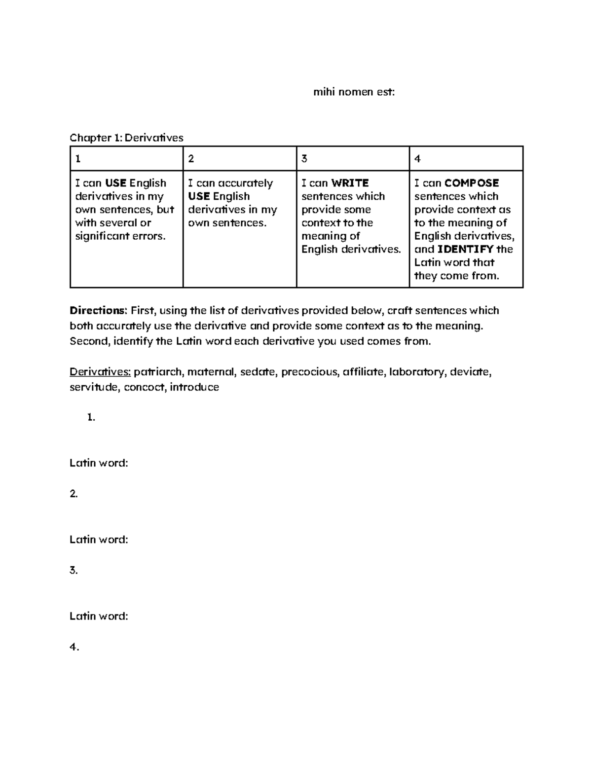 Stage 1 Derivatives Practice 2 (latin) - mihi nomen est: Chapter 1 ...