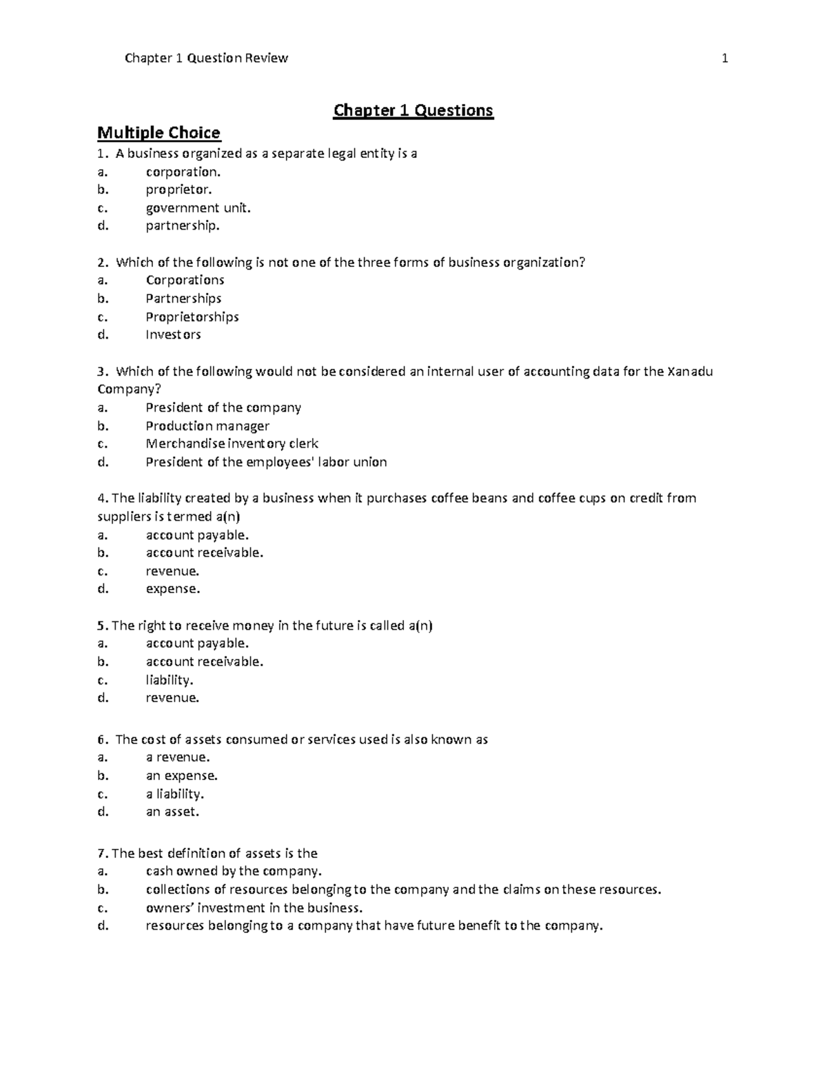 Chapter 1 Question Review - Chapter 1 Questions Multiple Choice A ...