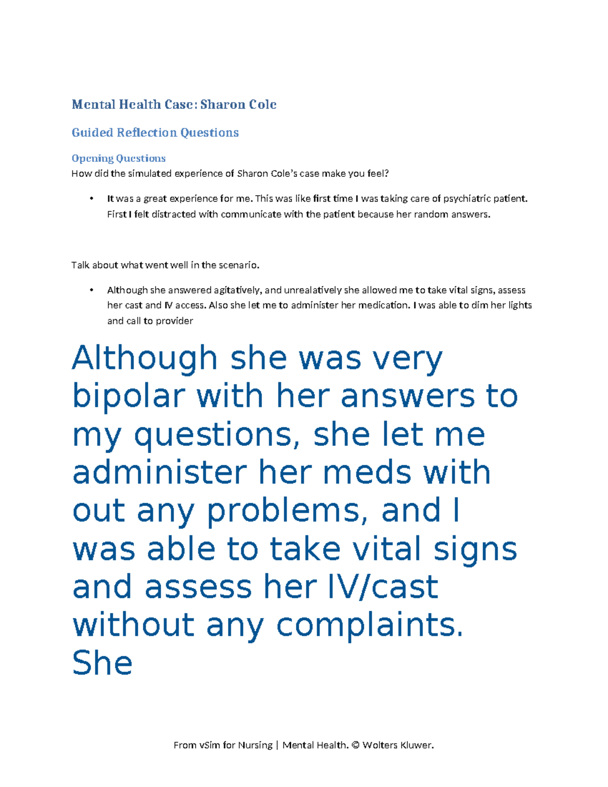 vsim guided reflection sharon cole - Mental Health Case: Sharon Cole ...