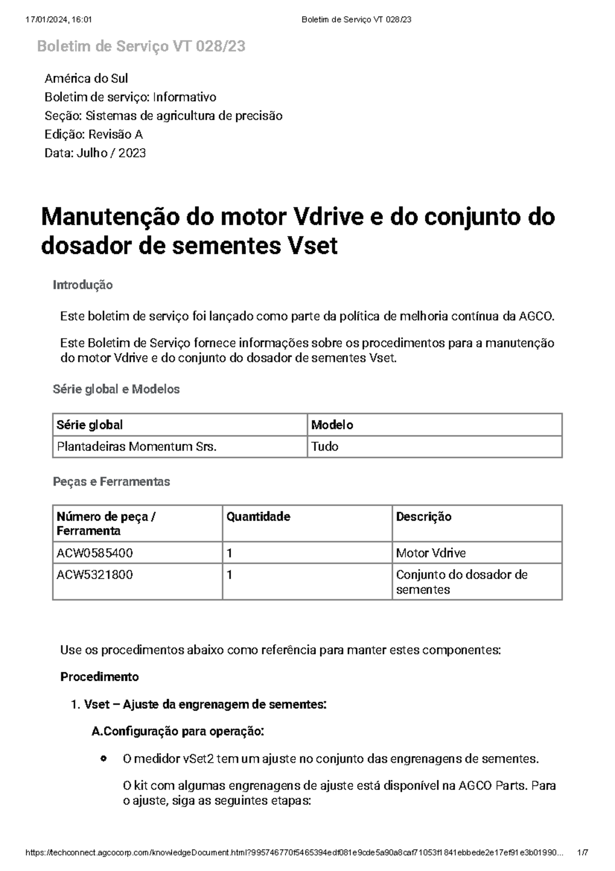 Boletim de Serviço VT 028 23 - Manutenção do motor Vdrive e do conjunto ...