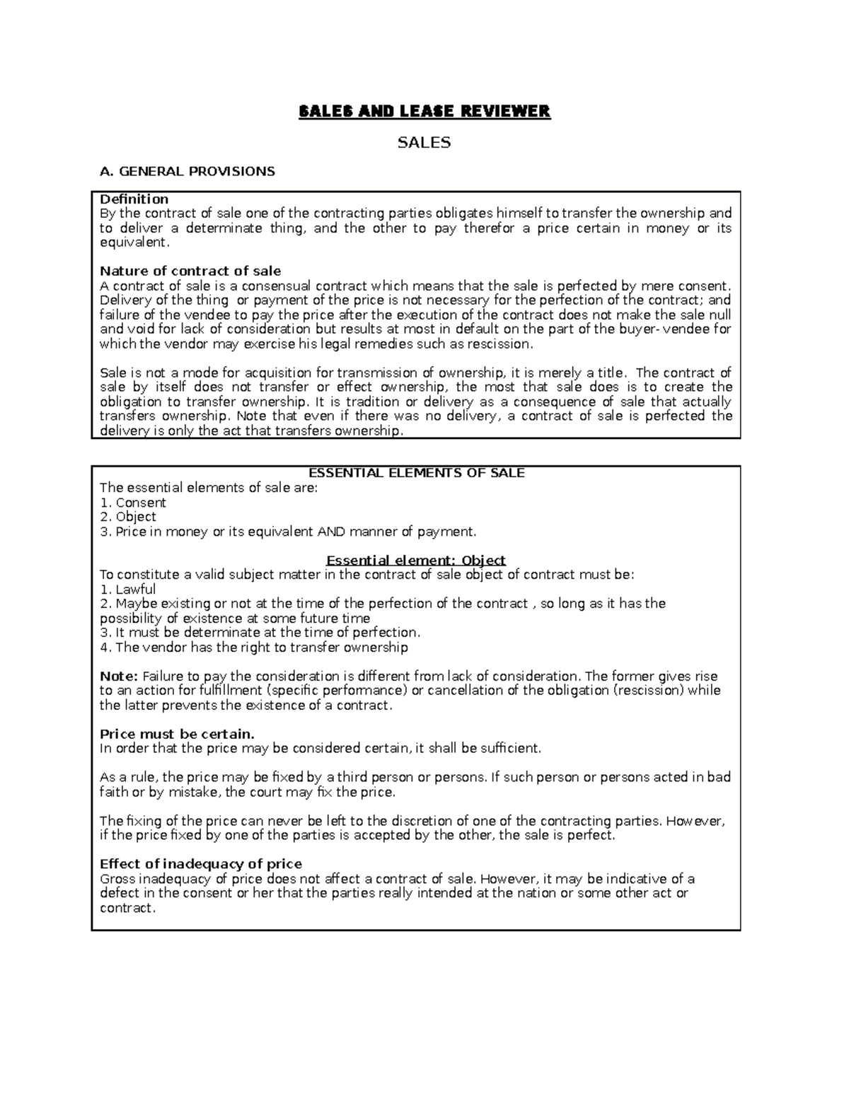 Sales law - SALES AND LEASE REVIEWER SALES A. GENERAL PROVISIONS ...