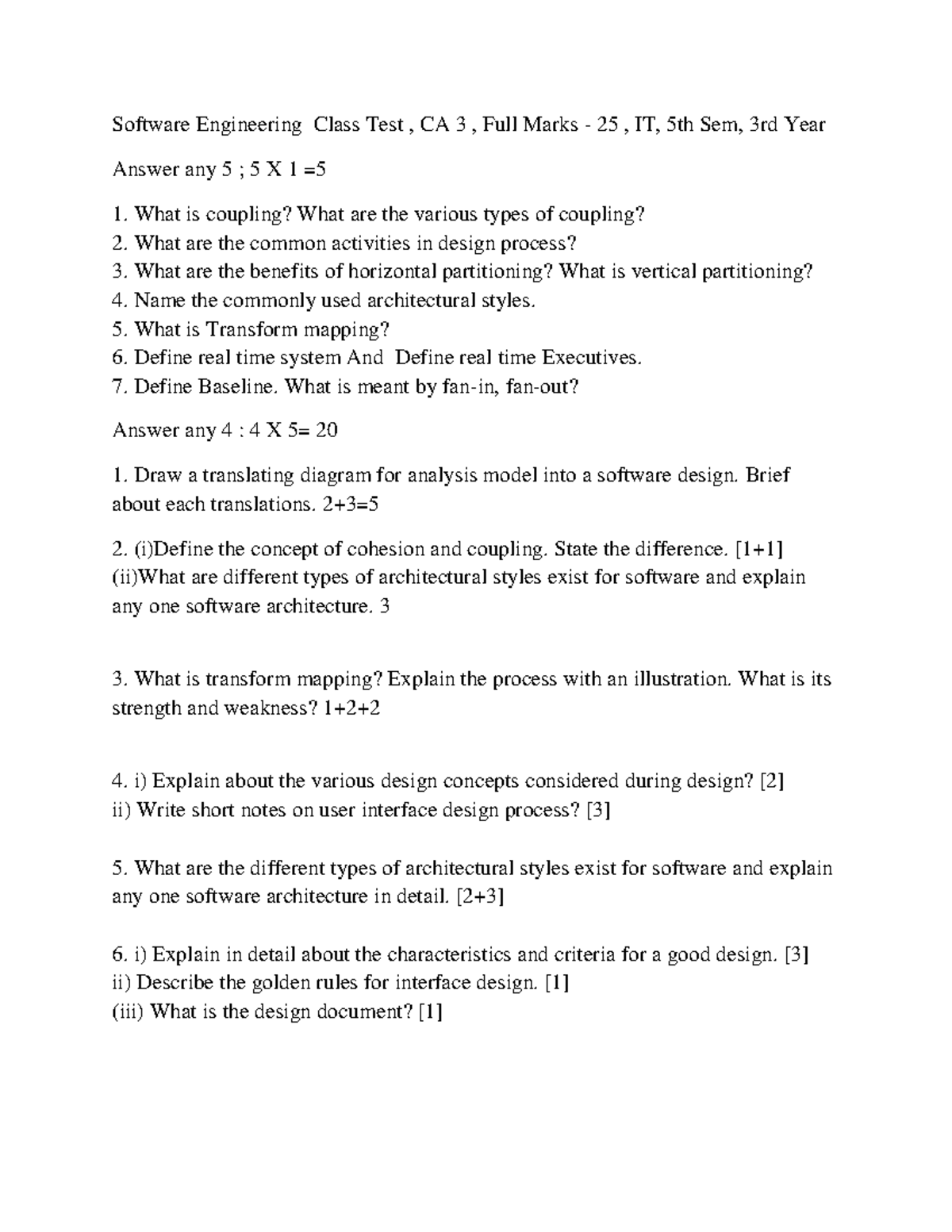 Software Engineering Class Test CA3 question paper - Software ...