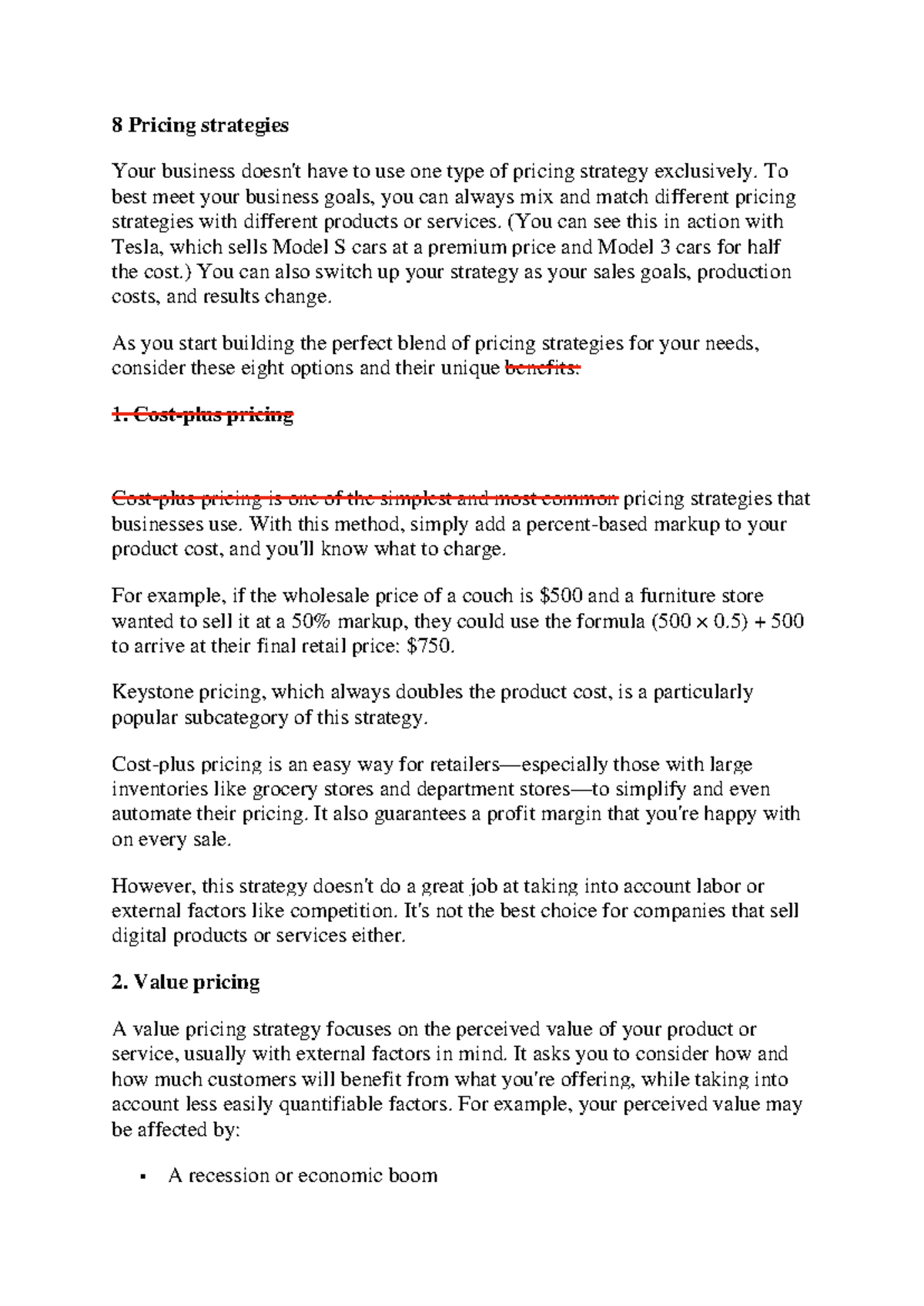 2024 UHU025 Pricing - Notes - 8 Pricing strategies Your business doesn ...