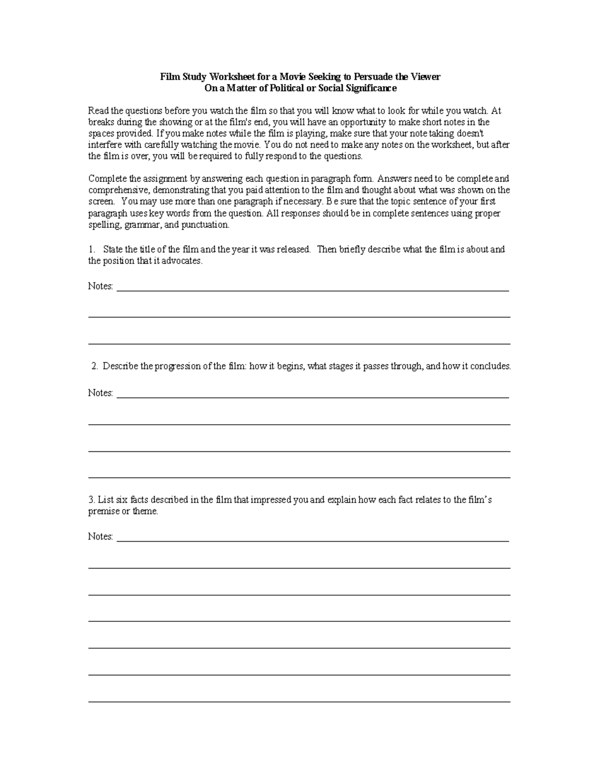 1 - film study - Film Study Worksheet for a Movie Seeking to Persuade ...