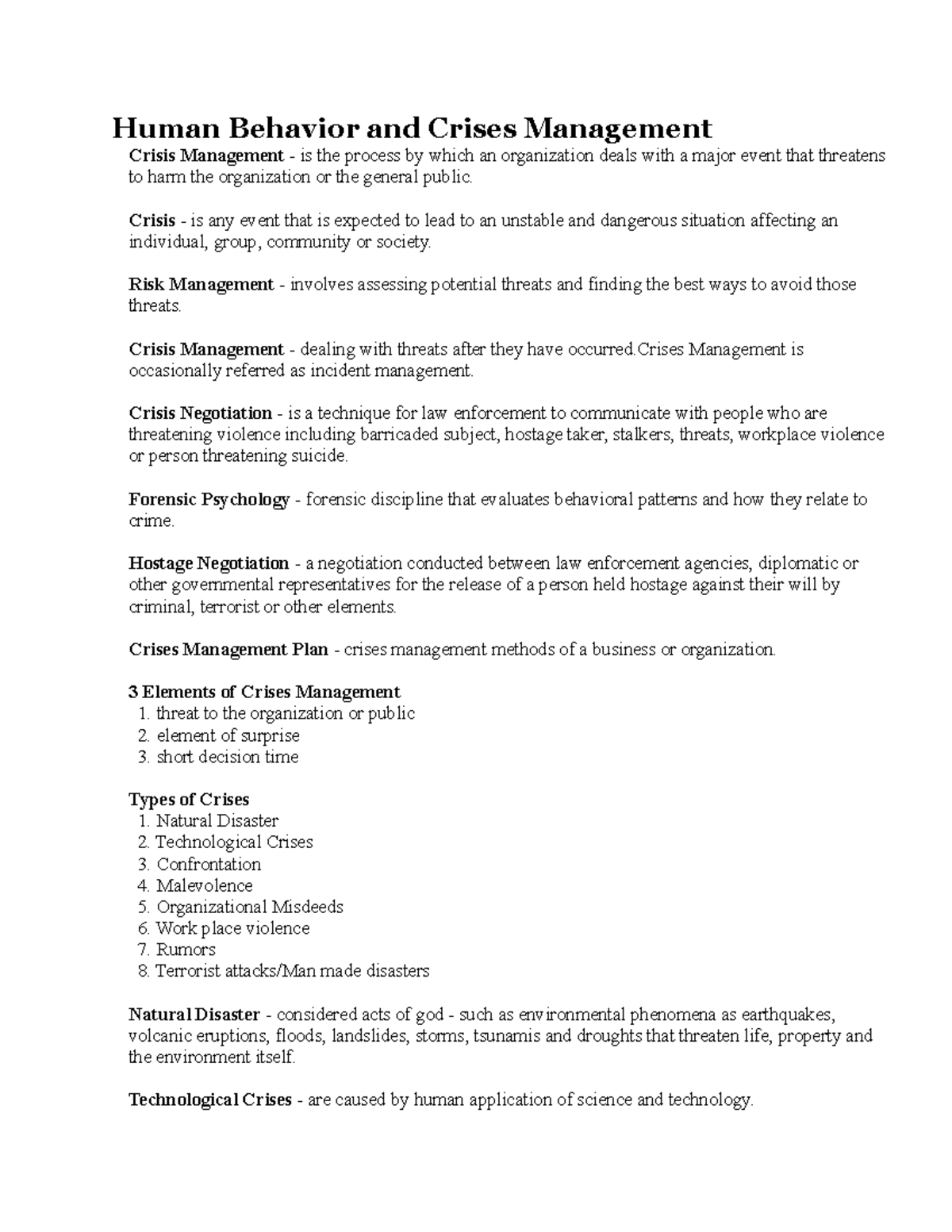 Human Behavior and Crises Management 1 - Human Behavior and Crises ...