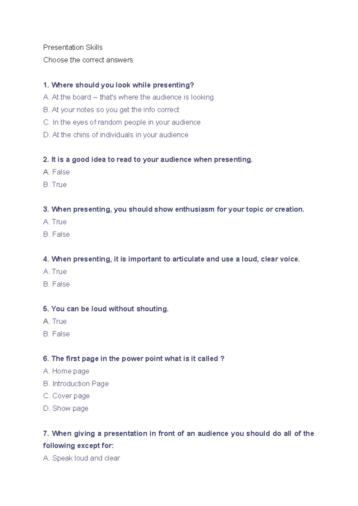 Practice Presentation Skills - Presentation Skills Choose the correct ...