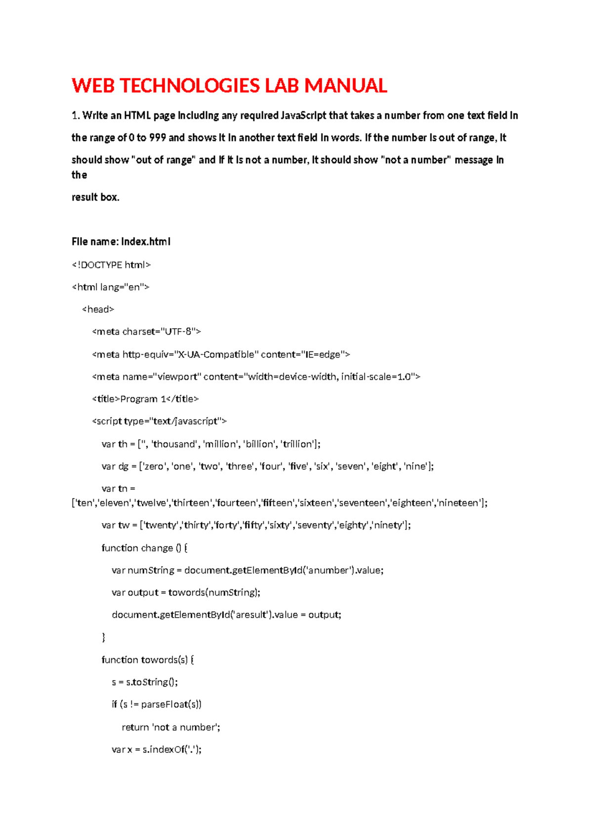 Web technologieslab - web technologies - WEB TECHNOLOGIES LAB MANUAL 1. Write an HTML page ...