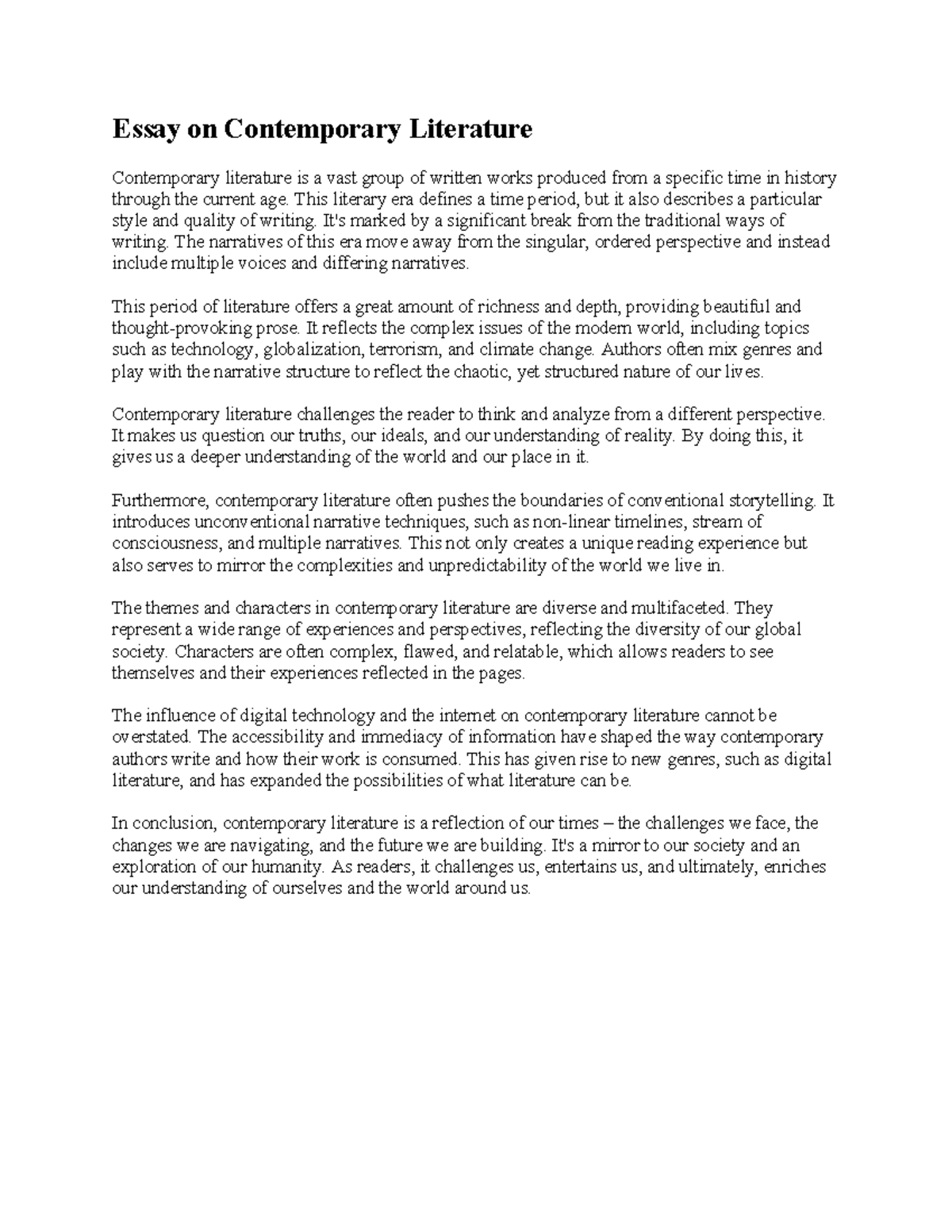 Essay on Contemporary Literature - Essay on Contemporary Literature ...