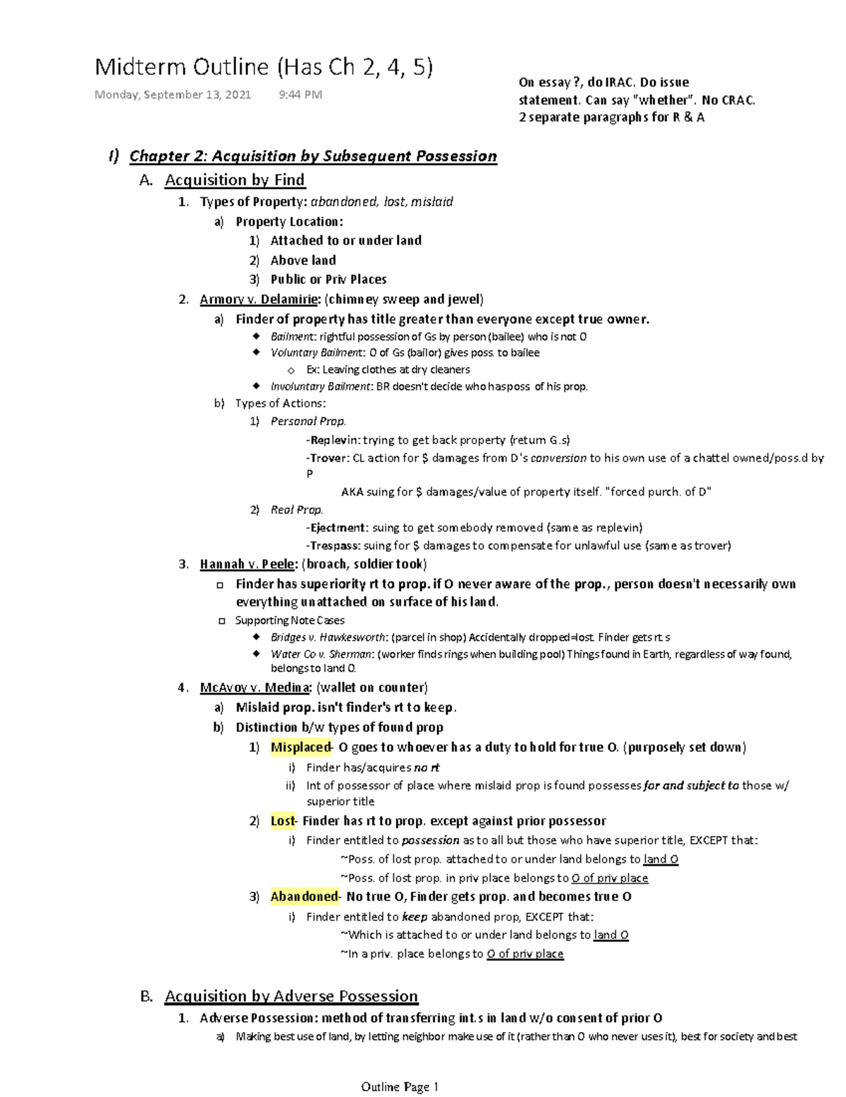 Midterm Outline (Has Ch 2, 4, 5) - Chapter 2: Acquisition by Subsequent Possession Acquisition ...