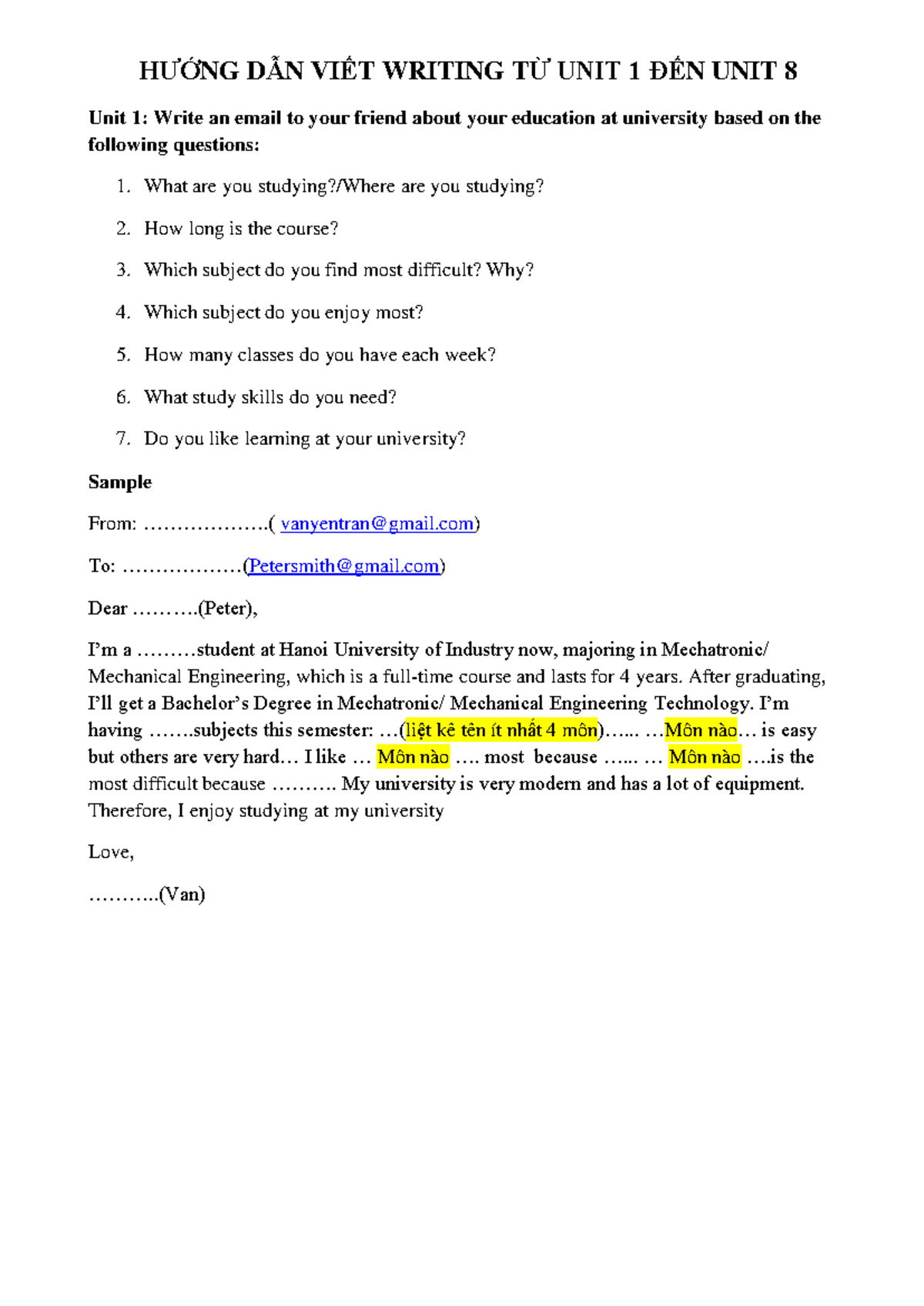 Hướng dẫn writing unit 1- Unit 8 - HƯỚNG DẪN VIẾT WRITING TỪ UNIT 1 ĐẾN ...