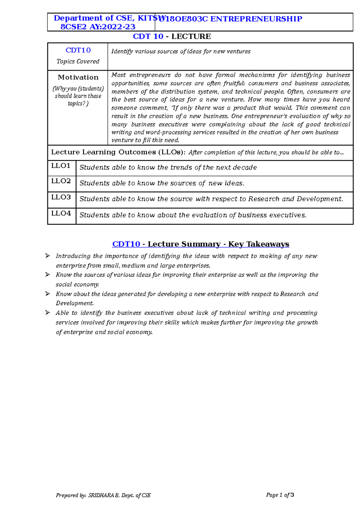 Ed Cdt10 Summary 8cse2 2022 23 Department Of Cse Kitsw 8cse2 Ay2022 Cdt 10 Lecture