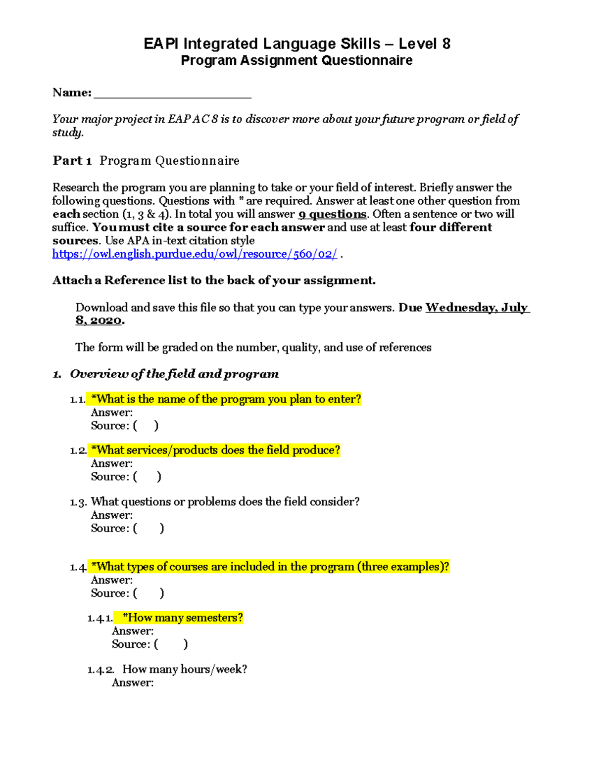 Part 1 Program Description Questionnaire (1) - Program Assignment ...