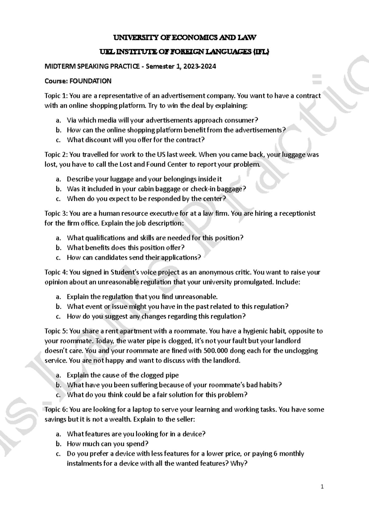 Speaking Compilation for A2+ - 1 UNIVERSITY OF ECONOMICS AND LAW UEL INSTITUTE OF FOREIGN ...