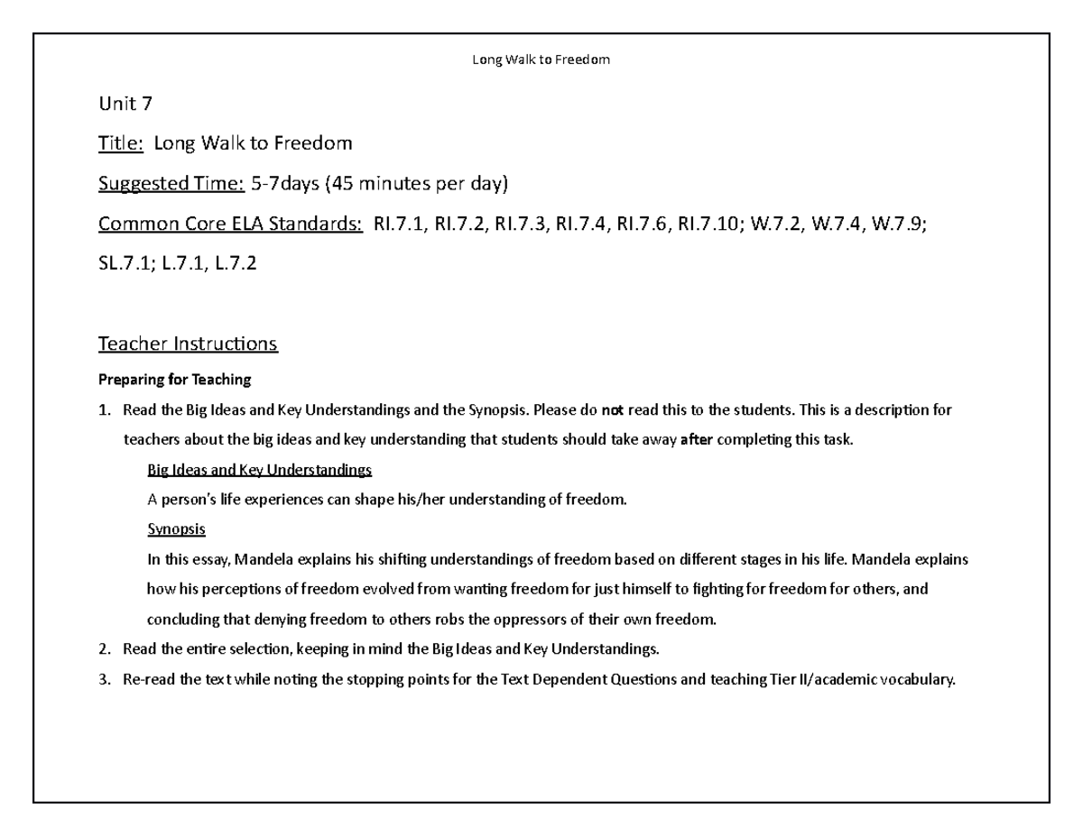 7. Long Walk to Freedom. lesson - Story - Unit 7 Title: Long Walk to ...
