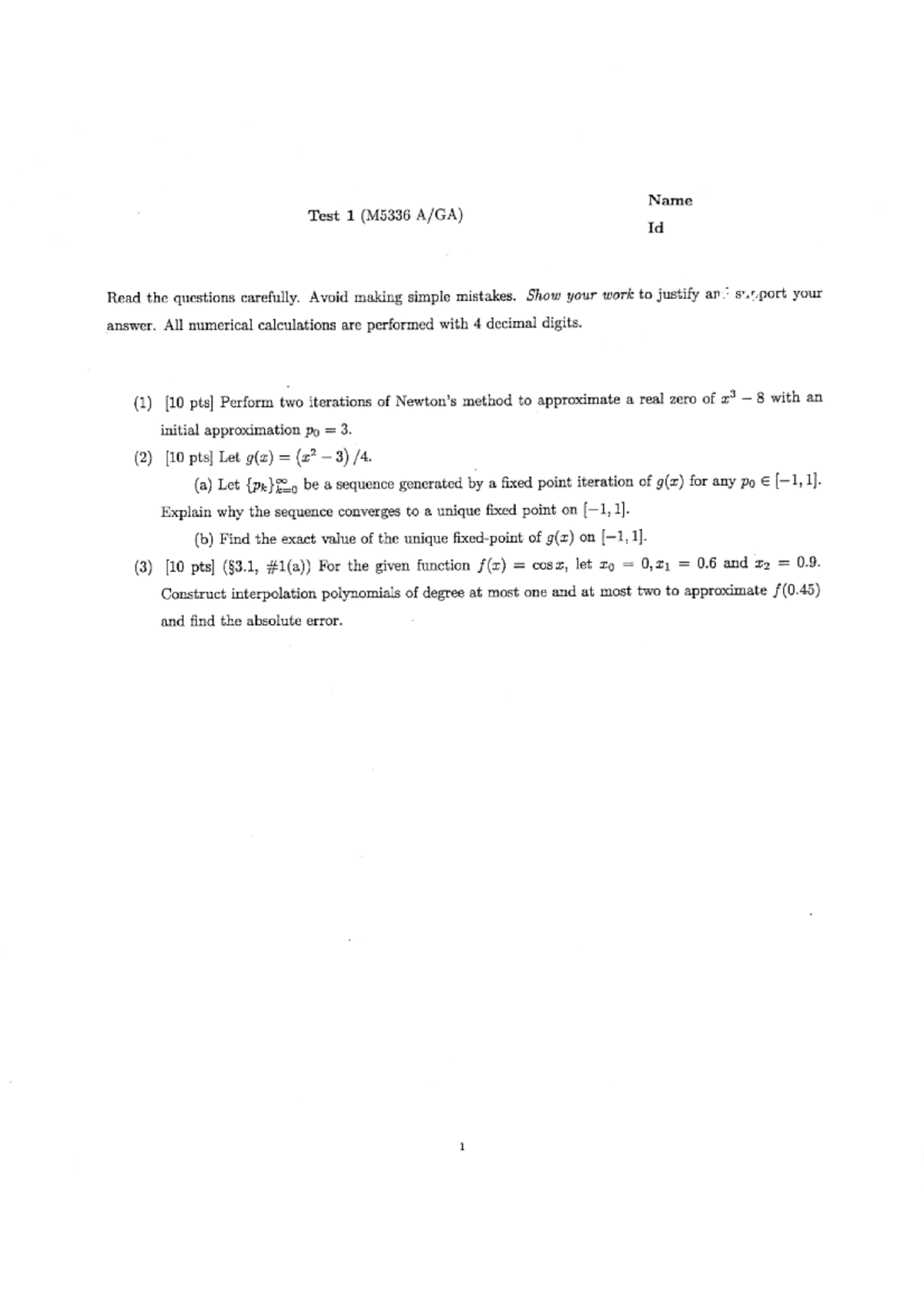Test 1 Solution Of Newton Raphson Method Fixed Point Iterations And Lagrange Interpolation