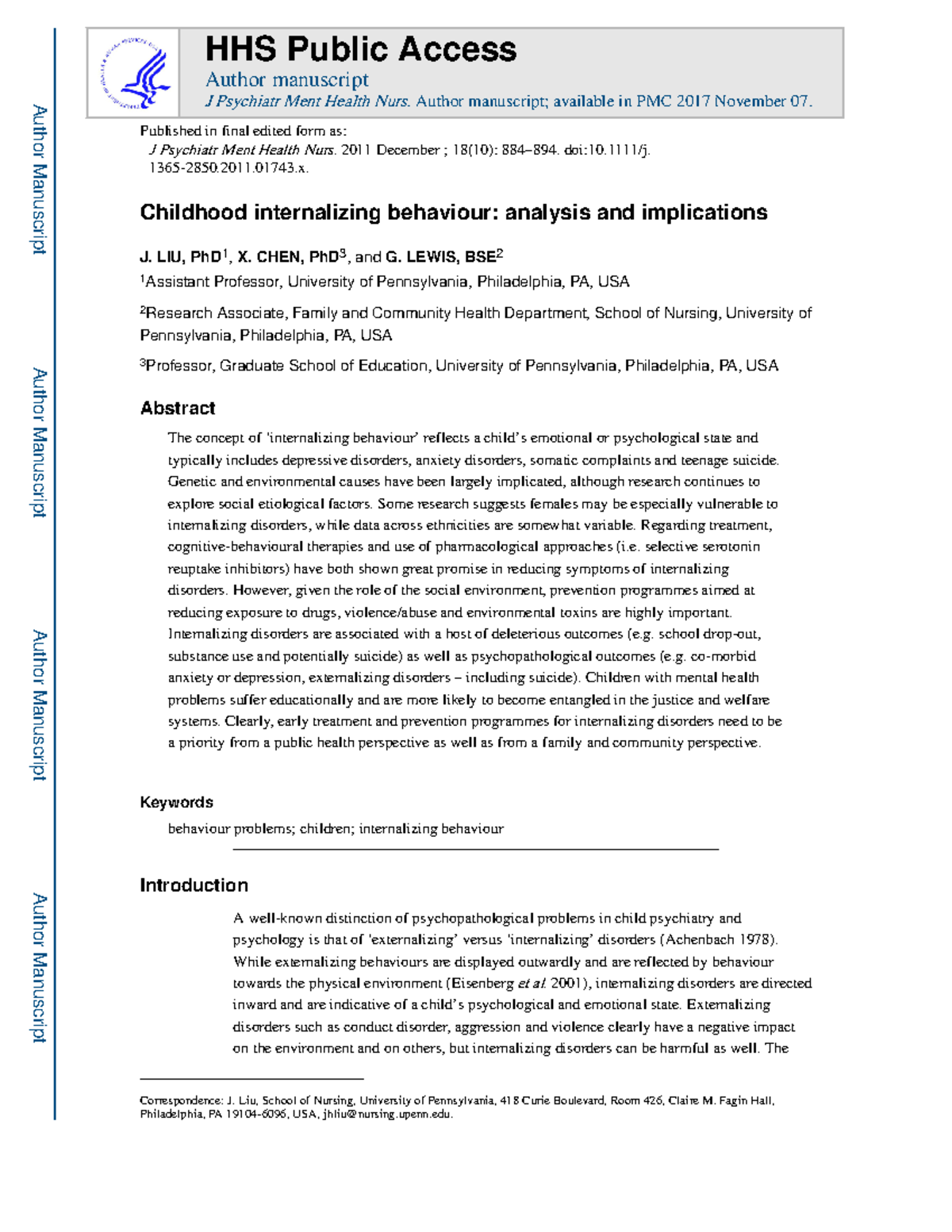 Internalizing behavior - LIU, PhD 1 , X. CHEN, PhD 3 , and G. LEWIS ...