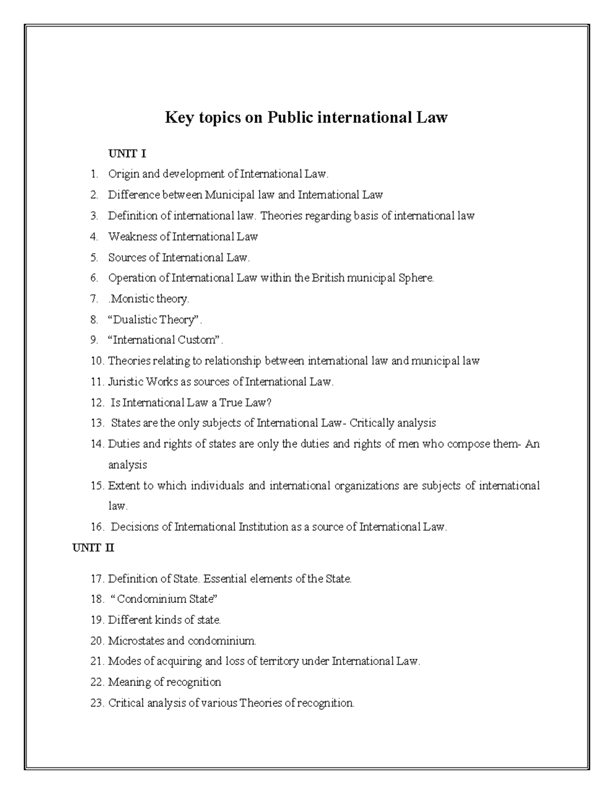 International LAW Notes - Key topics on Public international Law UNIT I ...