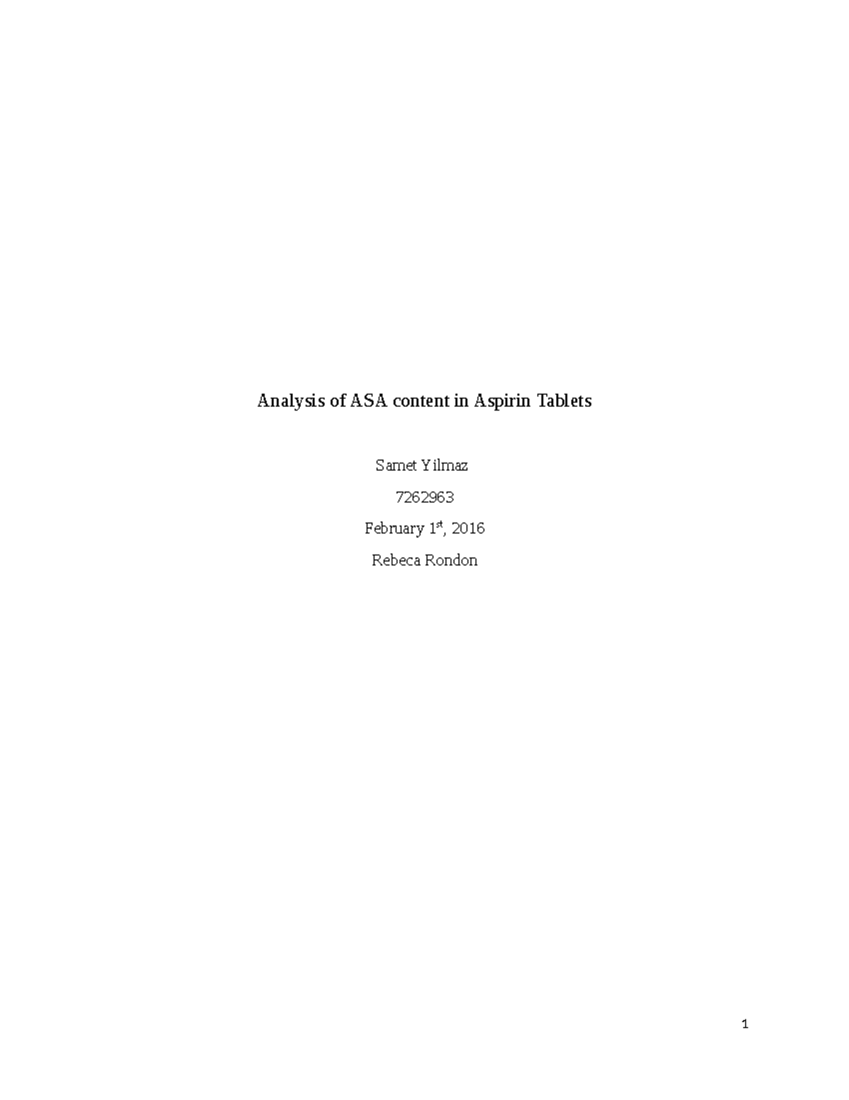 Analysis of ASA content in Aspirin Tablets - Solutions of NaOH and HCl ...