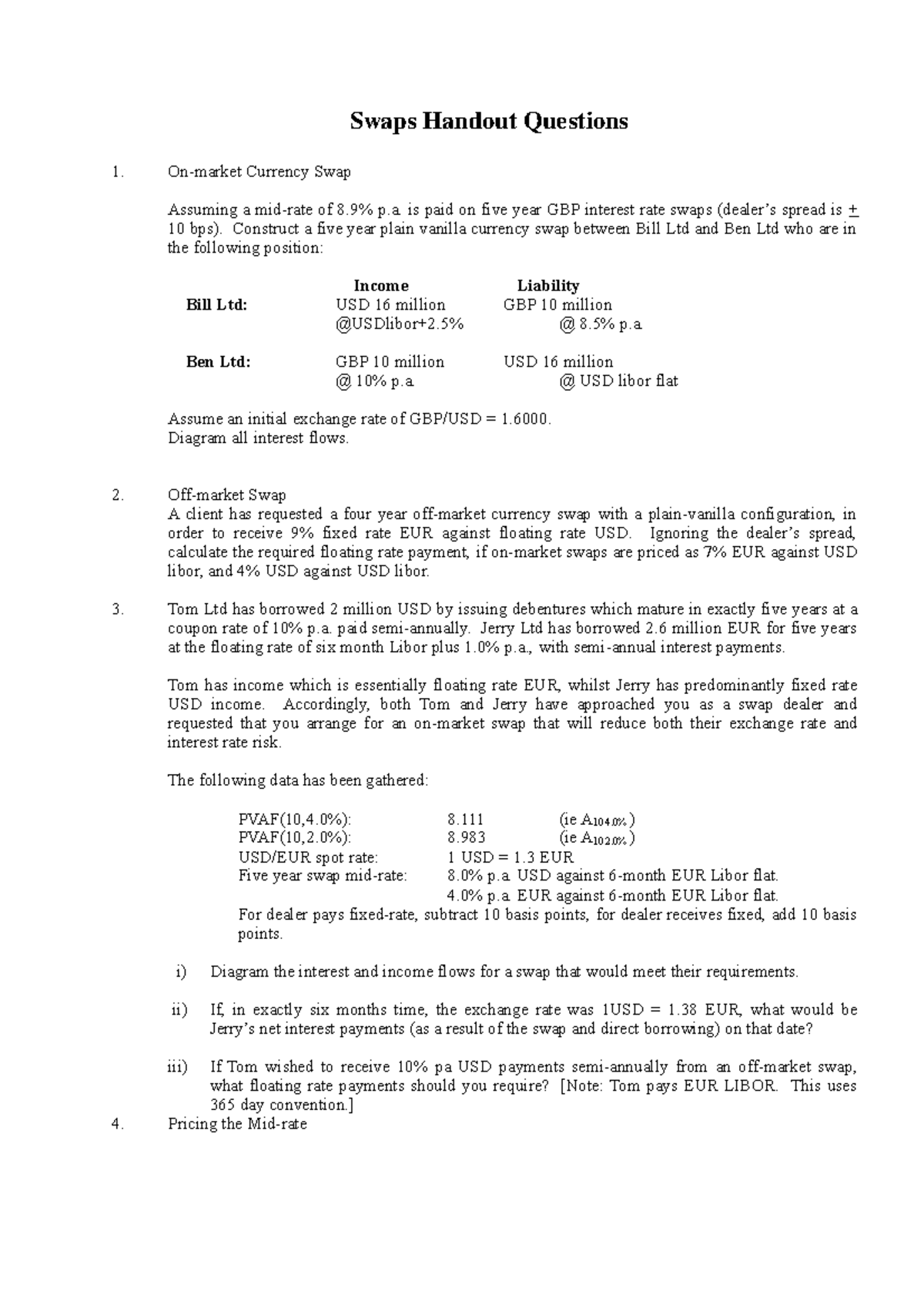 Swaps handout questions - Swaps Handout Questions On-market Currency ...
